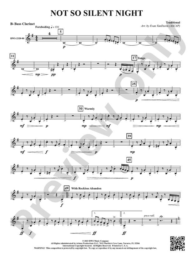 Not So Silent Night: B-flat Bass Clarinet: B-flat Bass Clarinet Part ...