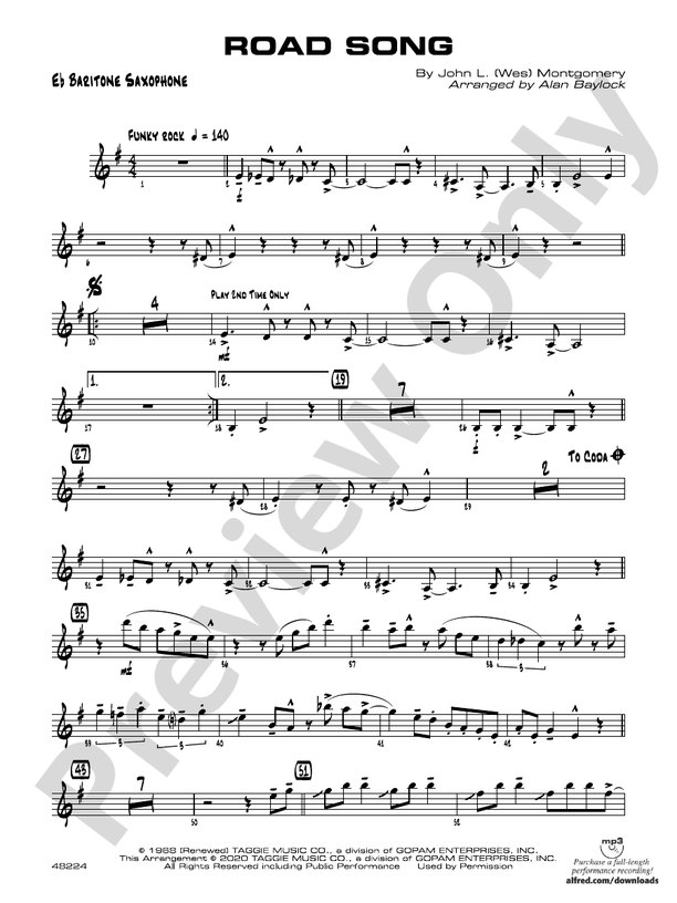 Road Song: E-flat Baritone Saxophone: E-flat Baritone Saxophone Part - Digital Sheet Music Download