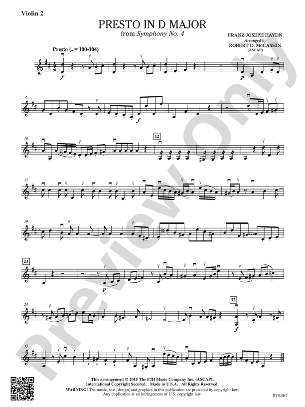 Presto in D Major: Violin 2: Violin 2 Part: Franz Joseph Haydn ...