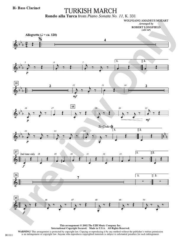 Turkish March (Rondo alla Turca): B-flat Bass Clarinet: B-flat Bass ...