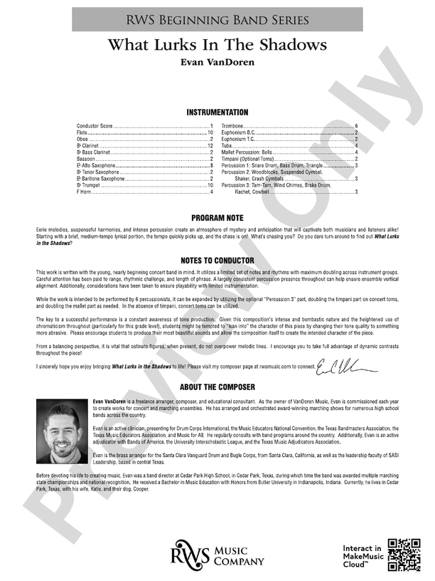 What Lurks in the Shadows: Score: Concert Band Score: Evan VanDoren - Digital Sheet Music Download