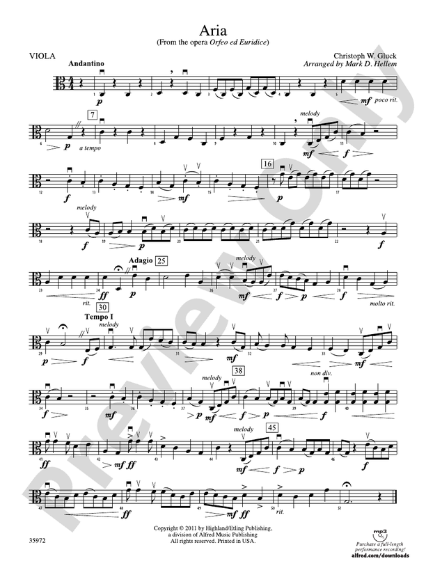 Aria (from the opera Orfeo ed Euridice): Viola: Viola Part - Digital ...