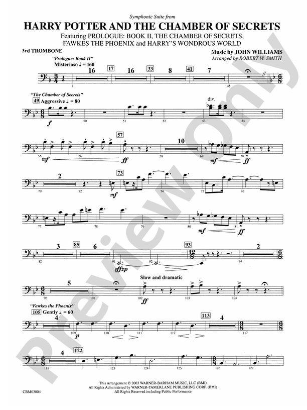 Harry Potter and the Chamber of Secrets, Symphonic Suite from: 3rd Trombone: 3rd Trombone Part ...