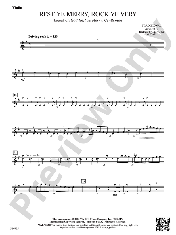 Rest Ye Merry, Rock Ye Very: Violin 1: Violin 1 Part: Brian Balmages ...