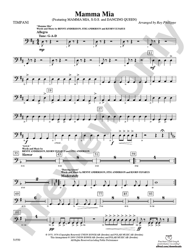 Mamma Mia, Selections from: Timpani: Timpani Part - Digital Sheet Music Download