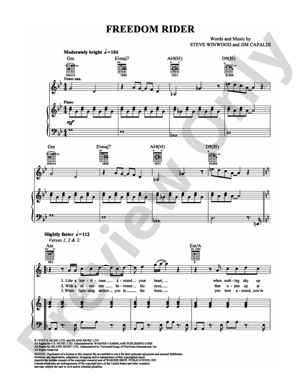 Freedom Rider: Piano/Vocal/Chords: Steve Winwood - Digital Sheet Music ...