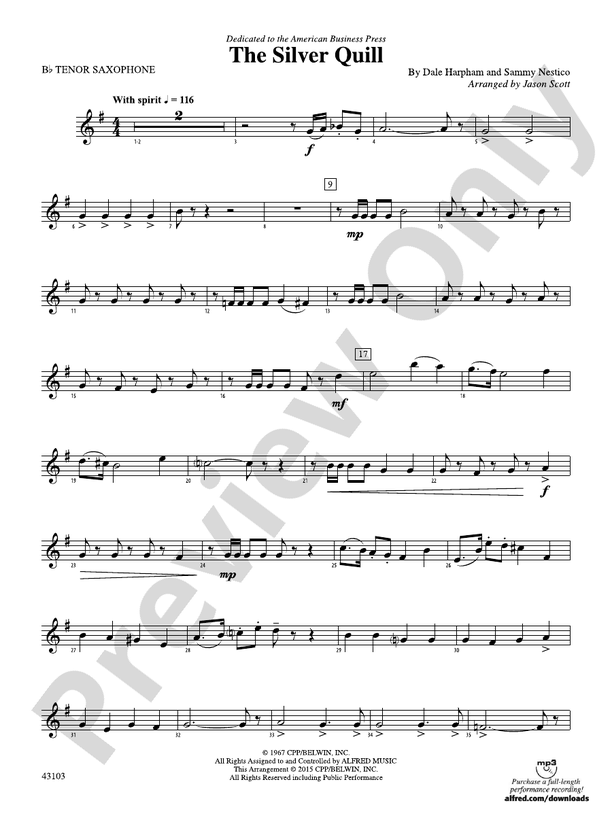 The Silver Quill: B-flat Tenor Saxophone: B-flat Tenor Saxophone Part - Digital Sheet Music Download