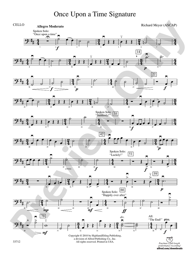 Once Upon a Time Signature: Cello: Cello Part - Digital Sheet Music Download