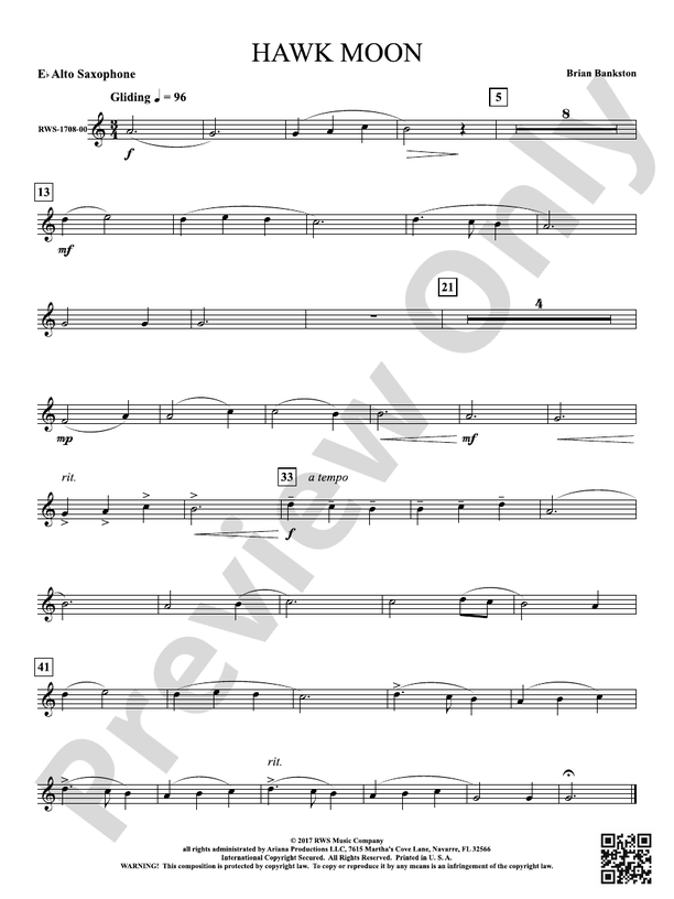 Hawk Moon: 1st E-flat Alto Saxophone: 1st E-flat Alto Saxophone Part: Brian Bankston - Digital ...