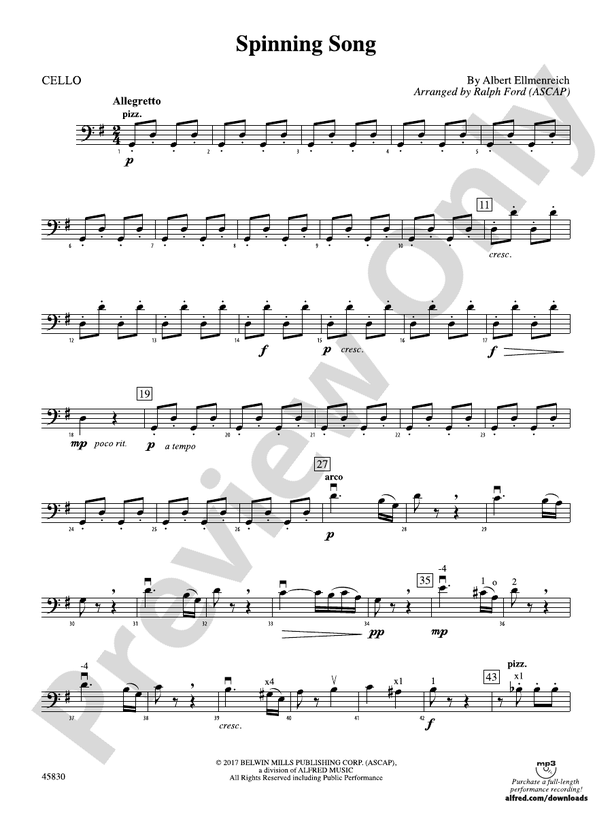 Spinning Song: Cello: Cello Part - Digital Sheet Music Download