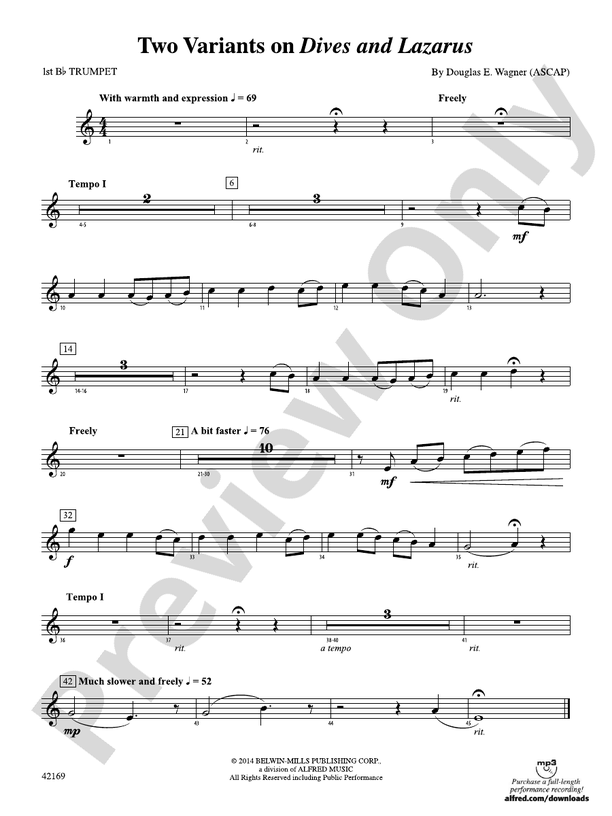 Two Variants on "Dives and Lazarus": 1st B-flat Trumpet: 1st B-flat Trumpet Part - Digital Sheet ...