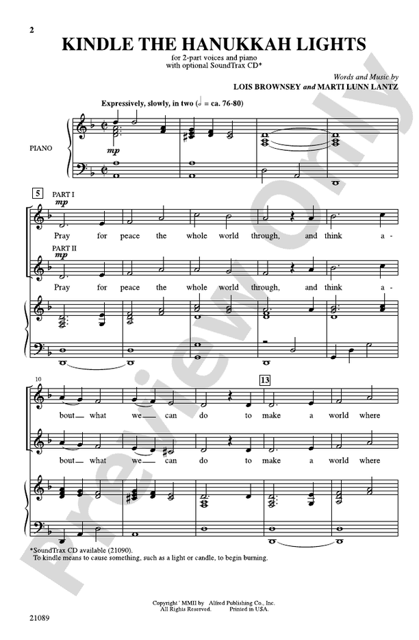 Kindle The Hanukkah Lights 2 Part Choral Octavo Lois Brownsey