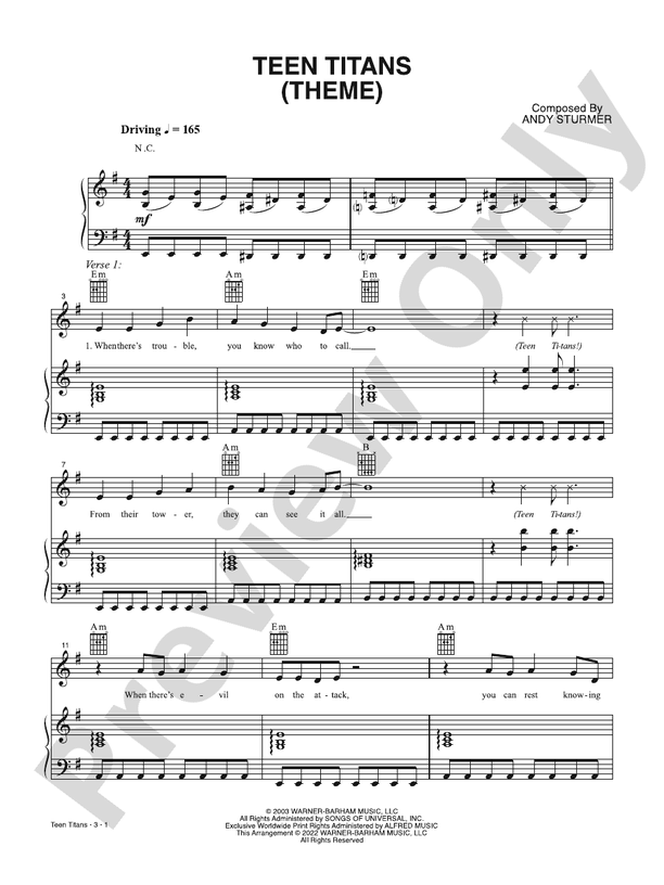 Teen Titans (Main Theme): Piano/Vocal: Andy Sturmer - Digital Sheet ...