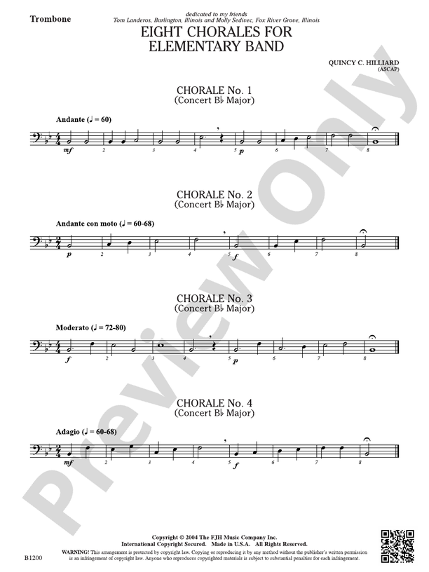 Eight Chorales for Elementary Band: Trombone: Trombone Part: Quincy C ...