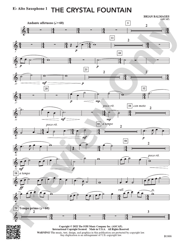 The Crystal Fountain: E-flat Alto Saxophone 1: E-flat Alto Saxophone 1 Part: Brian Balmages ...