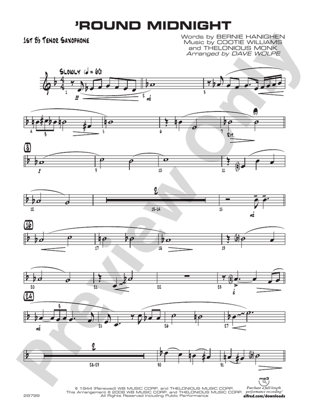 'Round Midnight: B-flat Tenor Saxophone: B-flat Tenor Saxophone Part ...