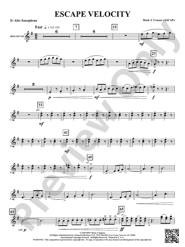 Escape Velocity: 1st E-flat Alto Saxophone: 1st E-flat Alto Saxophone Part: Mark J. Connor ...