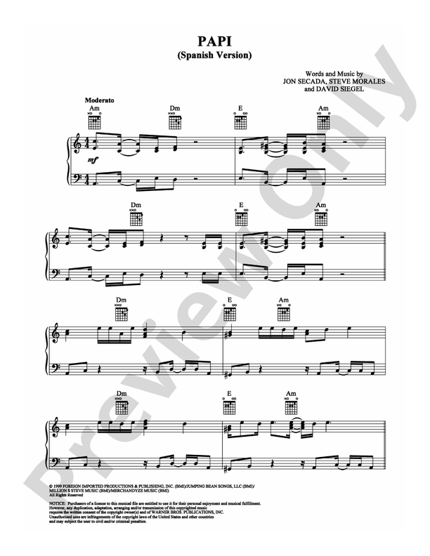 Papi (Spanish Version): Piano/Vocal/Chords: Jon Secada - Digital Sheet ...
