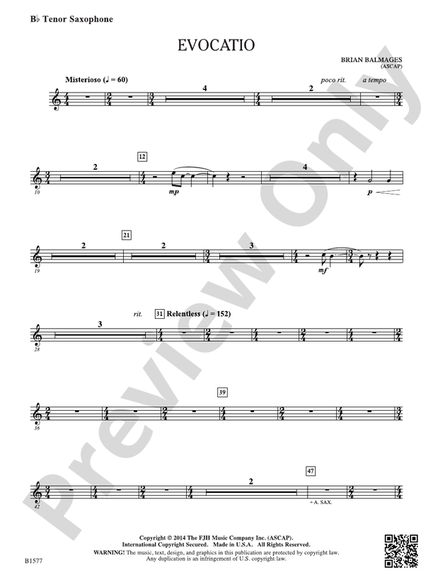 Evocatio: B-flat Tenor Saxophone: B-flat Tenor Saxophone Part: Brian Balmages - Digital Sheet ...