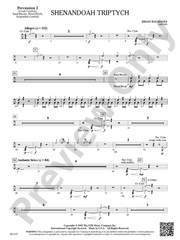 Shenandoah Triptych: Percussion 2: Percussion 2 Part: Brian Balmages ...