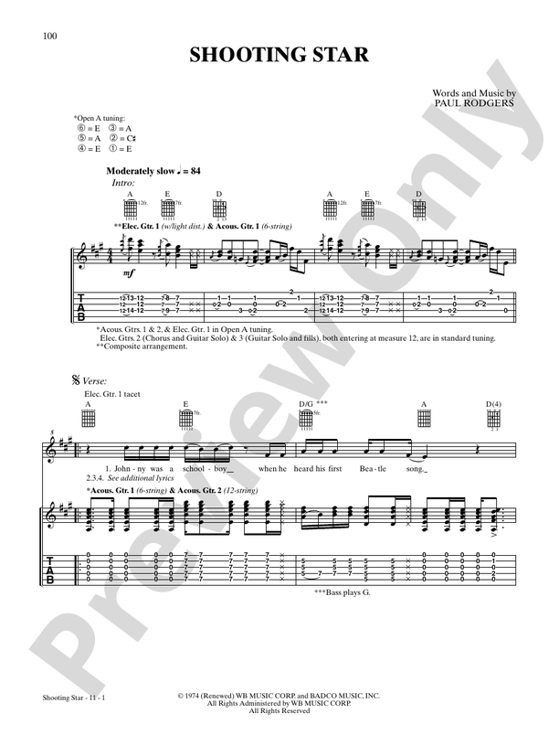 Shooting Star: Guitar: Bad Company - Digital Sheet Music Download
