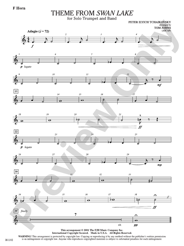 Theme from Swan Lake: F Horn: F Horn Part: Peter Ilyich Tchaikovsky ...