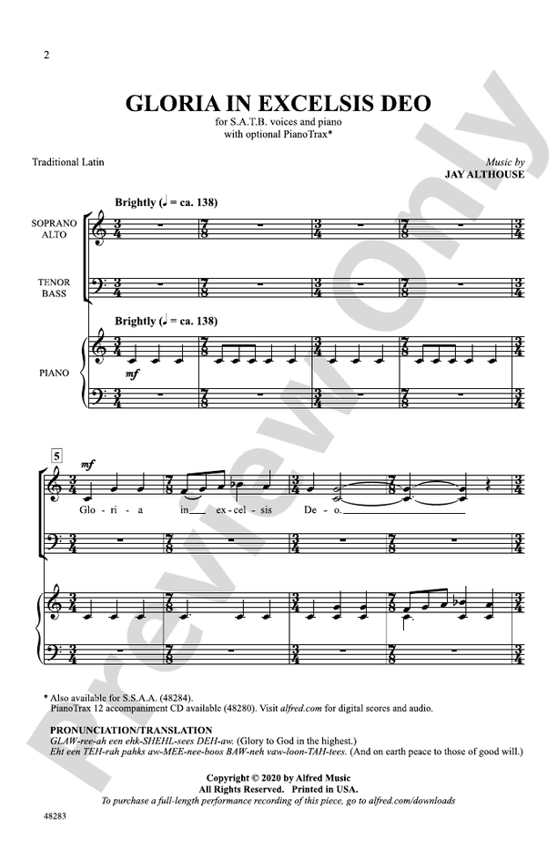 Gloria in Excelsis Deo: SATB Choral Octavo: Jay Althouse - Digital Sheet Music Download