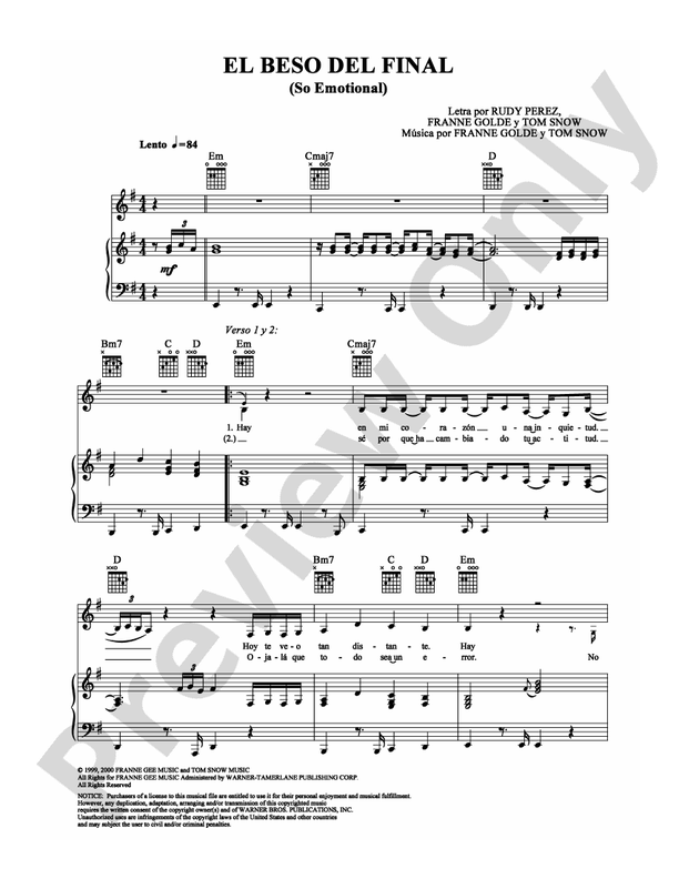 El Beso Del Final: Piano/Vocal/Chords: Christina Aguilera - Digital Sheet Music Download