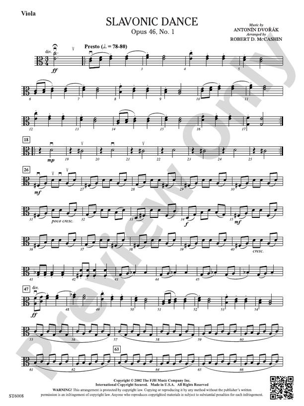 Slavonic Dance, Opus 46, No. 1: Viola: Viola Part: Antonín Dvorák ...
