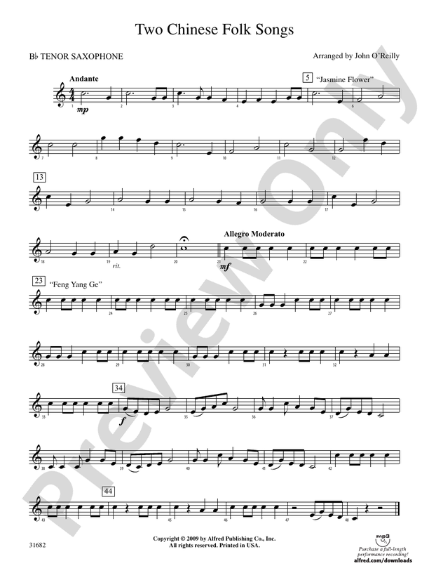 Two Chinese Folk Songs: B-flat Tenor Saxophone: B-flat Tenor Saxophone ...