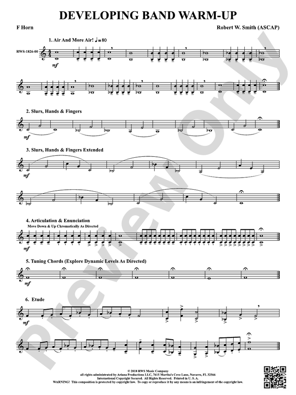 Developing Band Warm-Up: 1st F Horn: 1st F Horn Part: Robert W. Smith ...