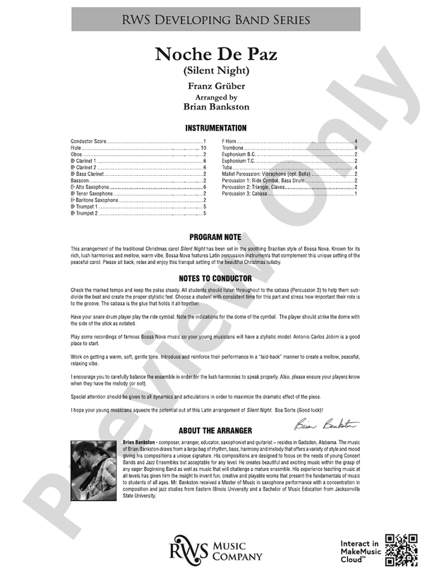 Noche de Paz - Silent Night: Concert Band Conductor Score & Parts ...