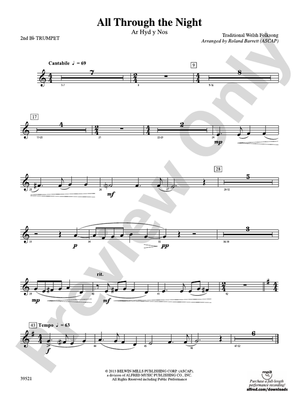 All Through the Night: 2nd B-flat Trumpet: 2nd B-flat Trumpet Part - Digital Sheet Music Download