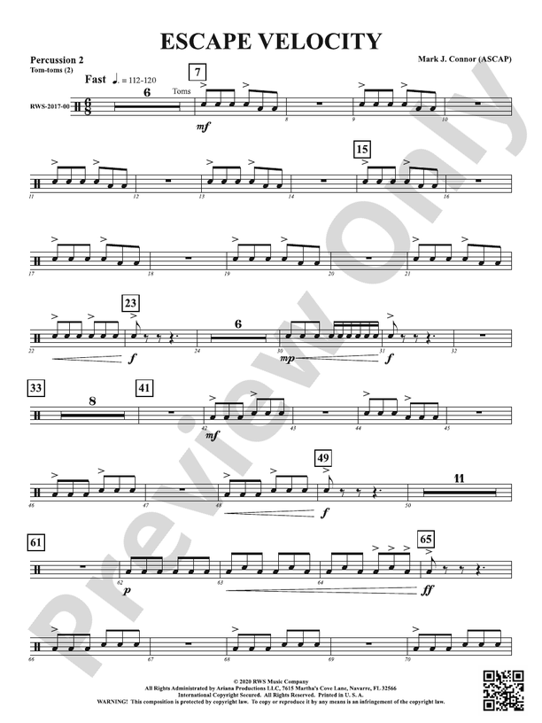 Escape Velocity: 2nd Percussion: 2nd Percussion Part: Mark J. Connor - Digital Sheet Music Download