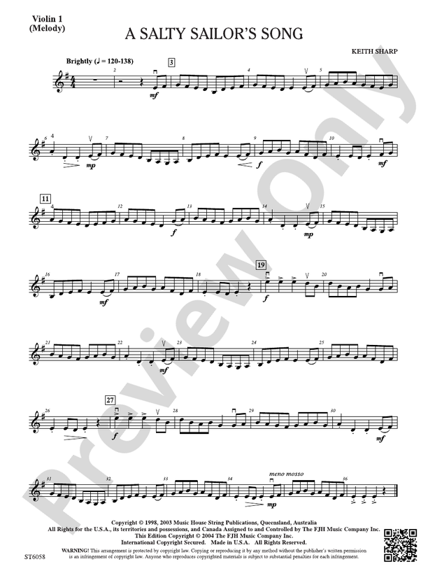 A Salty Sailor's Song: Violin 1 (Melody): Violin 1 (Melody) Part: Keith ...