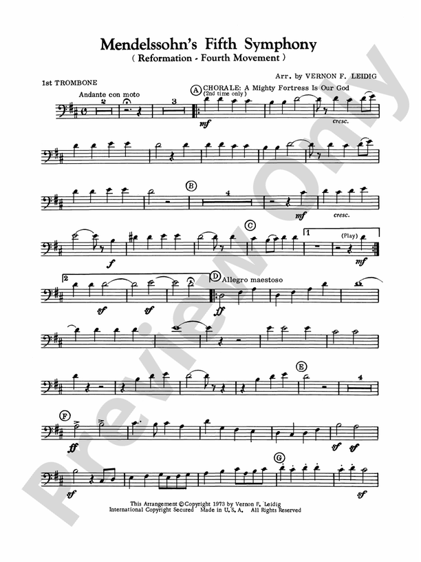 Mendelssohn's 5th Symphony "Reformation," 4th Movement: 1st Trombone: 1st Trombone Part ...