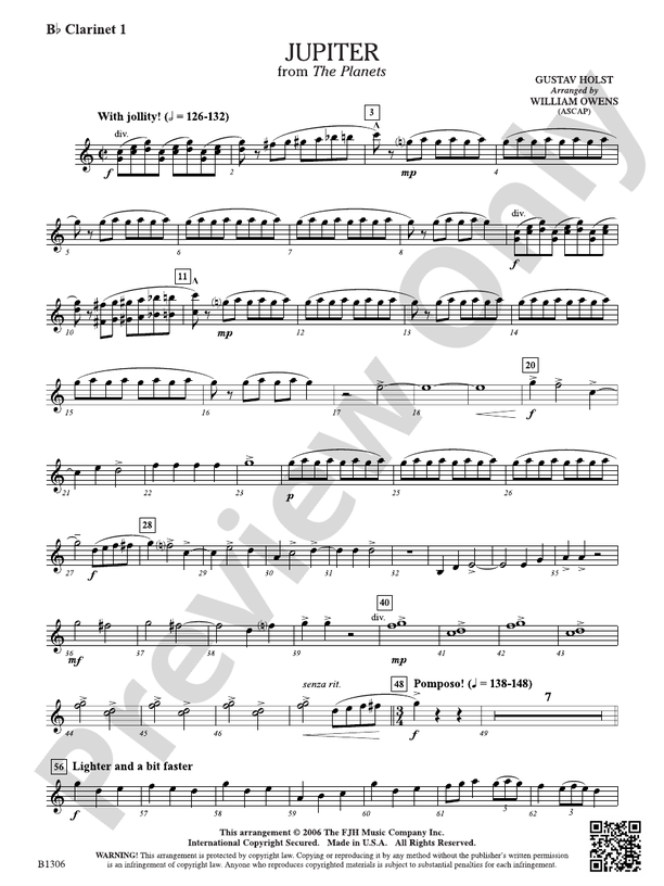 Jupiter (from The Planets): B-flat Clarinet 1: B-flat Clarinet 1 Part ...