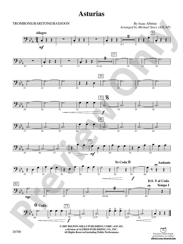 Asturias: 1st Trombone: 1st Trombone Part - Digital Sheet Music Download