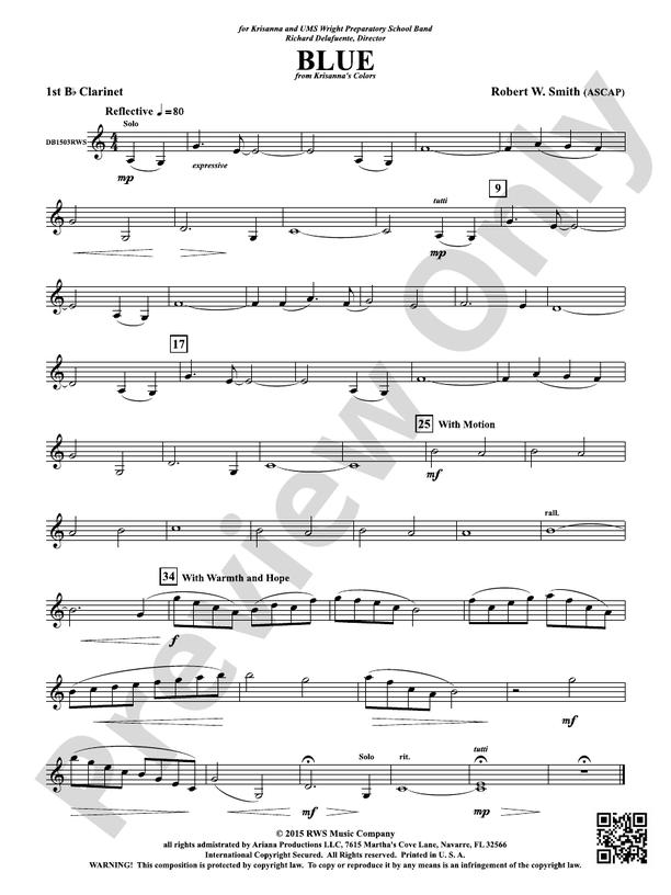 Blue: 1st B-flat Clarinet: 1st B-flat Clarinet Part: Robert W. Smith - Digital Sheet Music Download