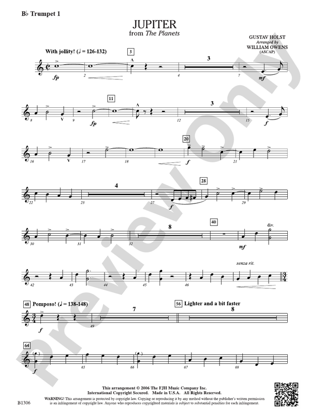 Jupiter (from The Planets): B-flat Trumpet 1: B-flat Trumpet 1 Part ...