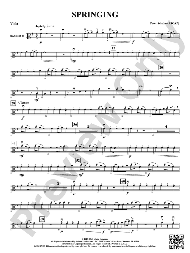 Springing: Viola: Viola Part: Peter Sciaino - Digital Sheet Music Download
