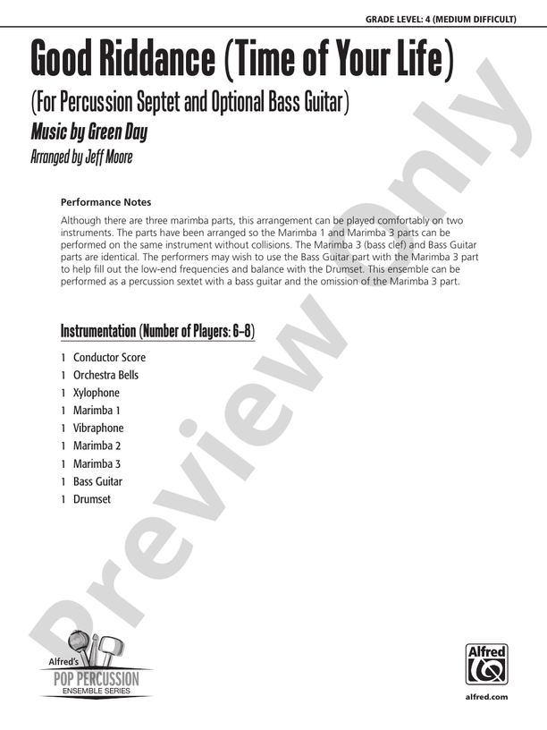 Good Riddance (Time of Your Life): Percussion Ensemble Conductor Score & Parts: Green Day ...
