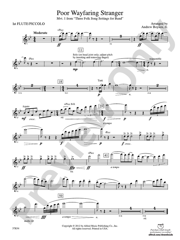 Poor Wayfaring Stranger: Flute: Flute Part - Digital Sheet Music Download