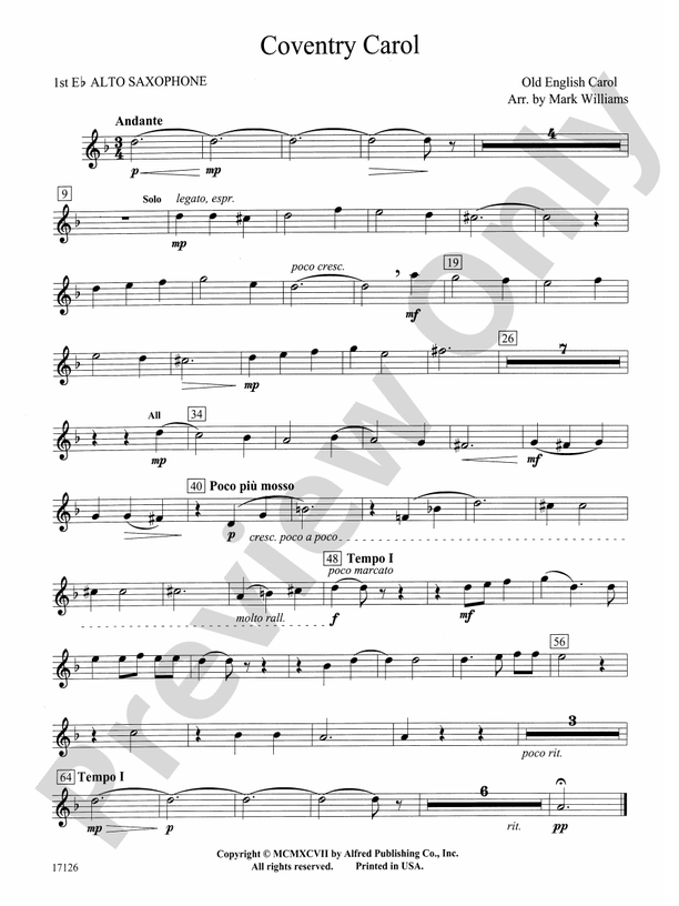 Coventry Carol: E-flat Alto Saxophone: E-flat Alto Saxophone Part - Digital Sheet Music Download