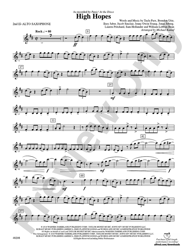 High Hopes: 2nd E-flat Alto Saxophone: 2nd E-flat Alto Saxophone Part - Digital Sheet Music Download