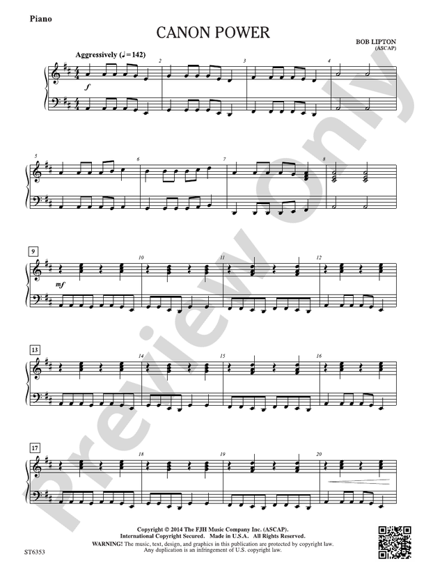 Canon Power: Piano: Piano Part: Bob Lipton - Digital Sheet Music Download