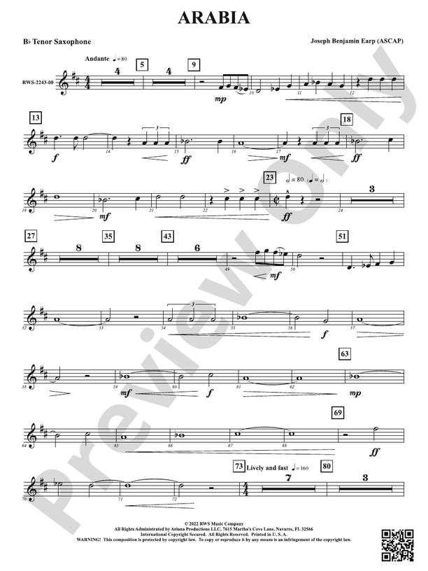 Arabia: B-flat Tenor Saxophone: B-flat Tenor Saxophone Part: Joseph Benjamin Earp - Digital ...