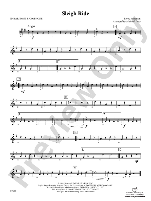 Sleigh Ride: E-flat Baritone Saxophone: E-flat Baritone Saxophone Part ...