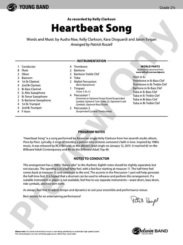 Heartbeat Song: Concert Band Conductor Score & Parts: Kelly Clarkson ...