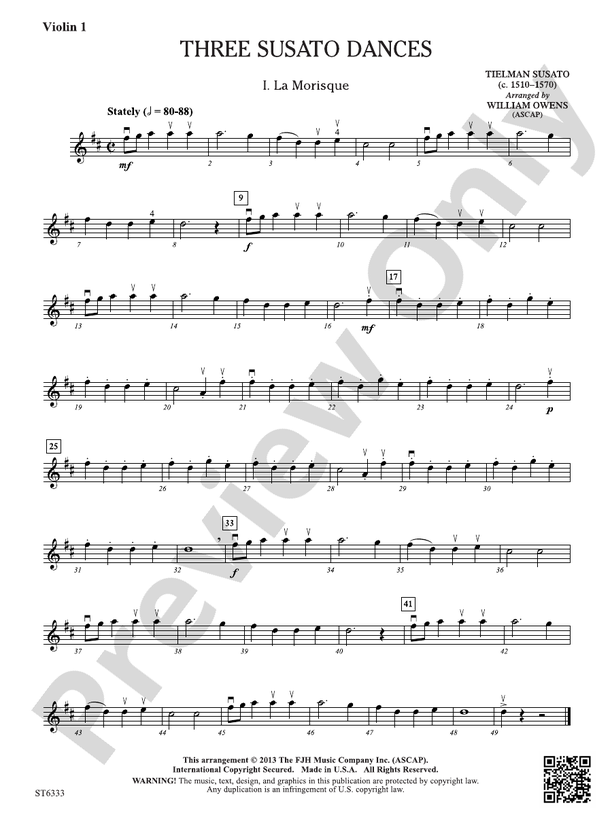 Three Susato Dances: Violin 1: Violin 1 Part: Tielman Susato - Digital ...